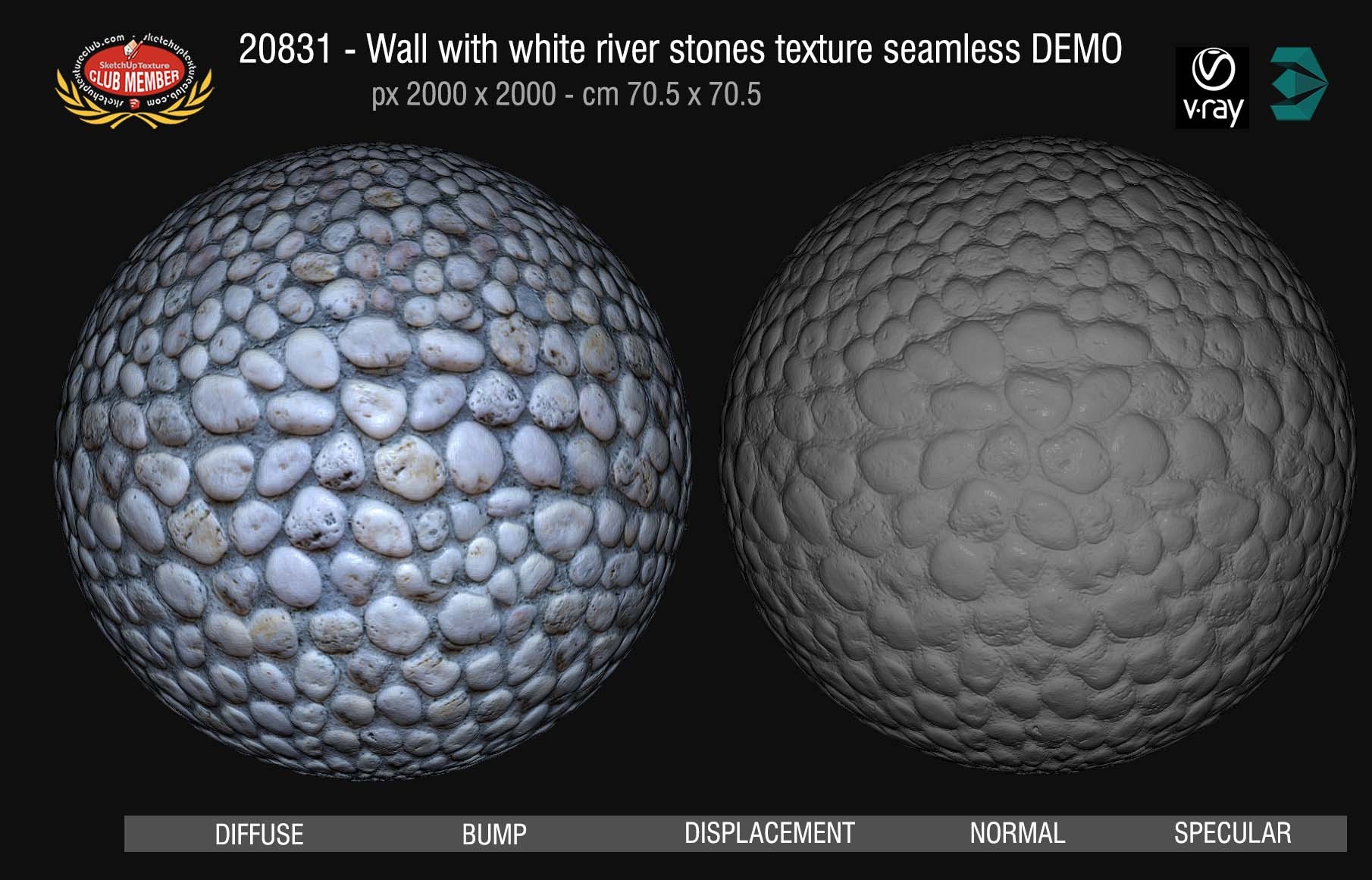 Wall of white river stones texture seamless 20831